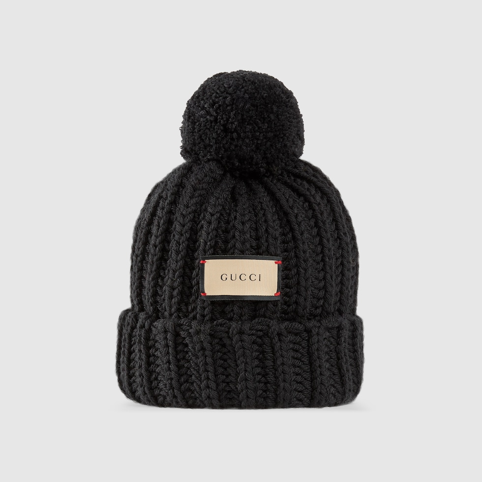 Knit wool hat with Gucci label in black | GUCCI® Canada