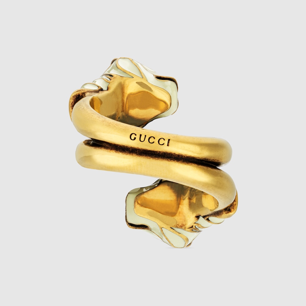 Tiger head ring with enamel in aged gold metal | GUCCI® US