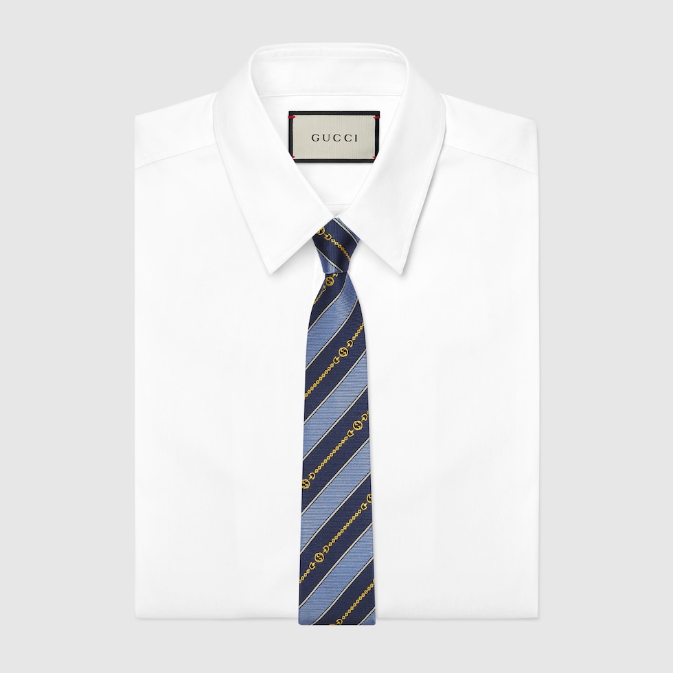 Interlocking G chain jacquard silk tie in light blue and blue | GUCCI® UK