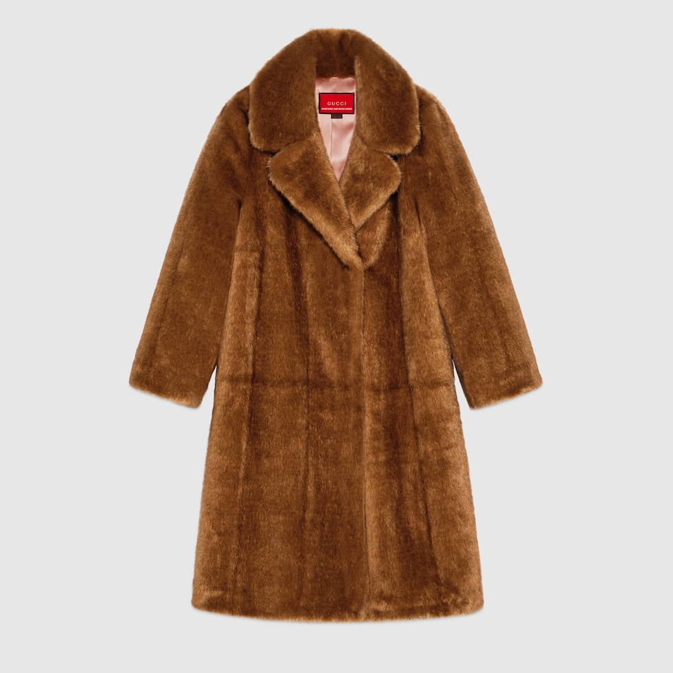 2015 Re-Edition faux fur coat in brown | GUCCI® AE