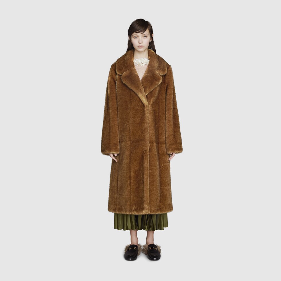 2015 Re-Edition faux fur coat in brown | GUCCI® FI