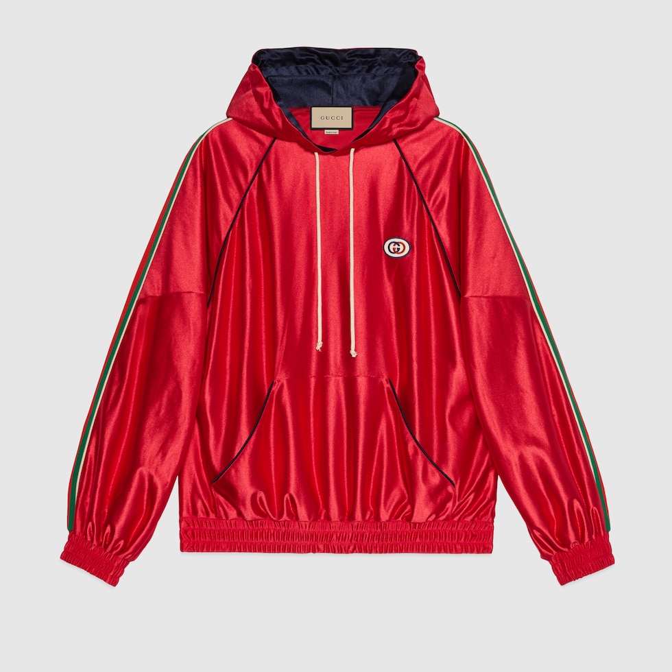 Shiny jersey hooded sweatshirt with Web in bright red | GUCCI® CZ