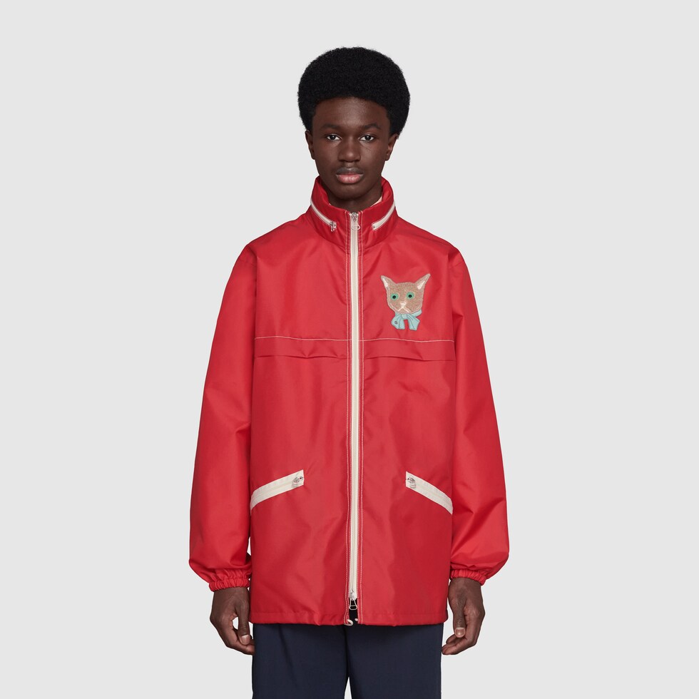 Canvas jacket with Gucci cat in red | GUCCI® RO