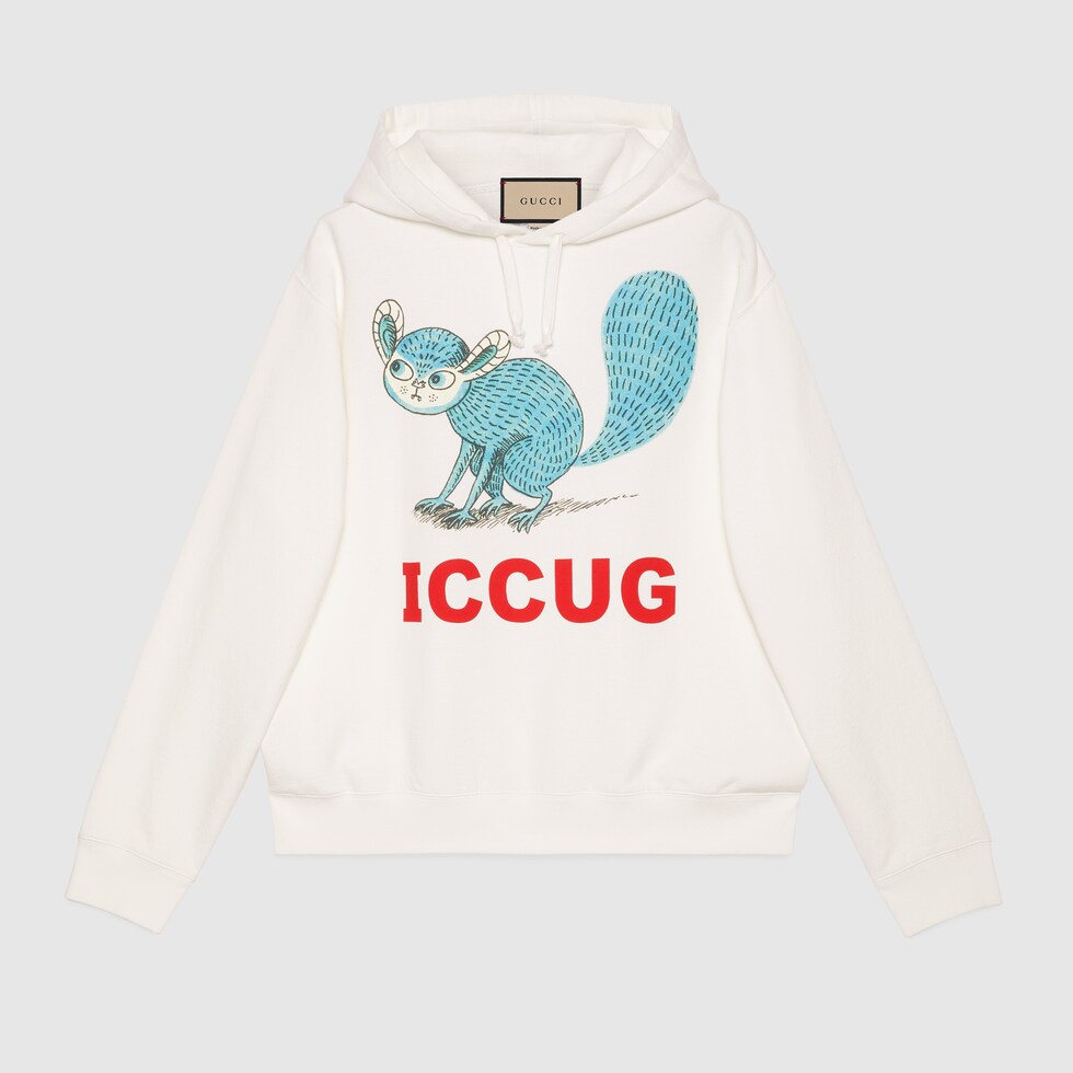 Sweatshirt with ICCUG animal print by Freya Hartas in white | GUCCI® AE