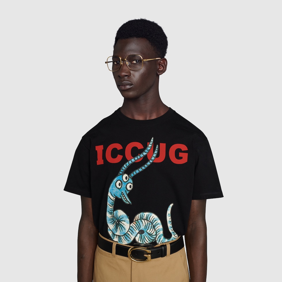 T-shirt with ICCUG animal print by Freya Hartas in black cotton | GUCCI® SI
