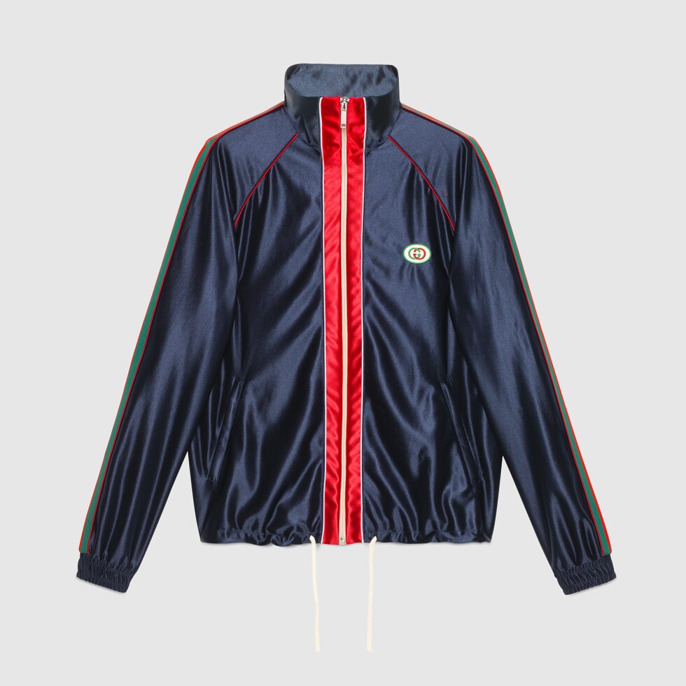 Shiny jersey jacket with Web in blue | GUCCI® 香港
