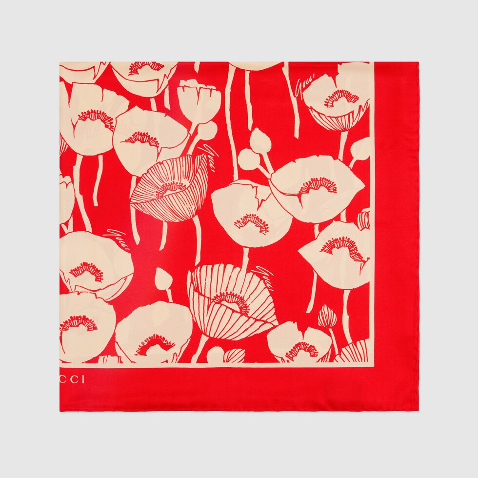 Poppy flowers print silk scarf in red and ivory | GUCCI® AE