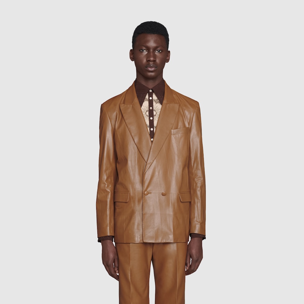 Leather double-breasted jacket in brown | GUCCI® NO