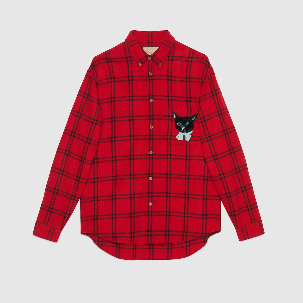 Check wool shirt with Gucci cat patch in red and black | GUCCI® TR