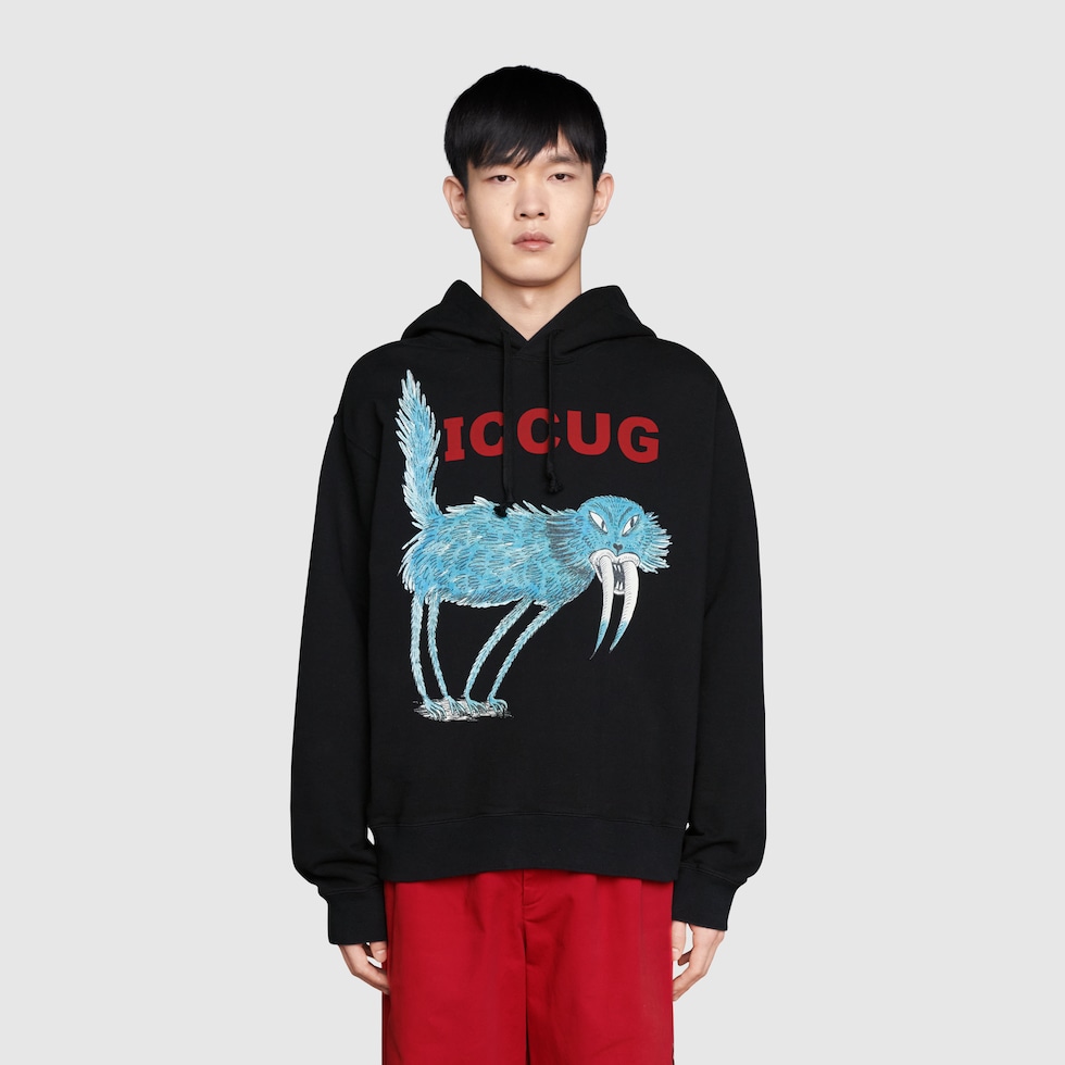 Sweatshirt with ICCUG animal print by Freya Hartas in black | GUCCI® TR