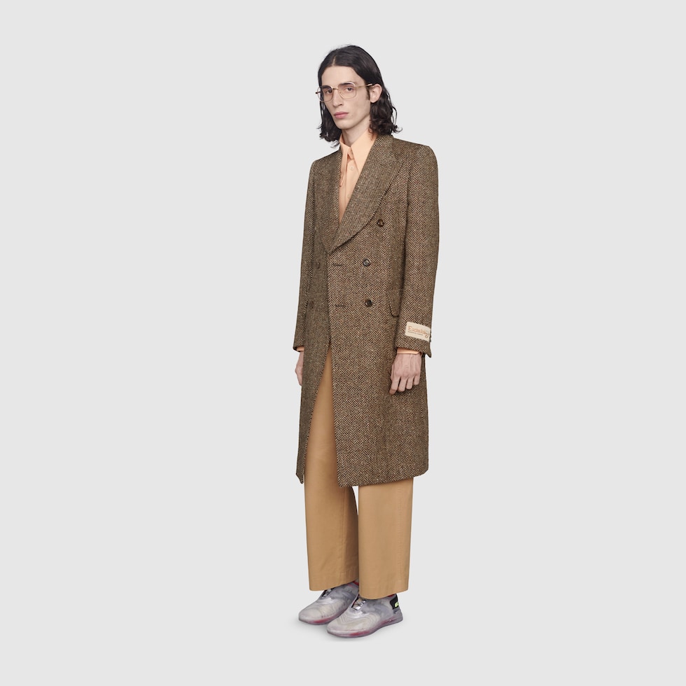 Herringbone wool coat in brown and beige | GUCCI® NO