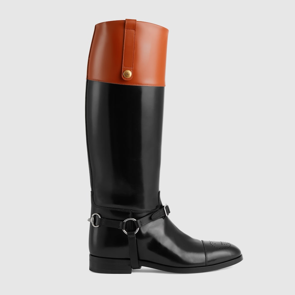 Knee-high boot with harness in black leather | GUCCI® 香港