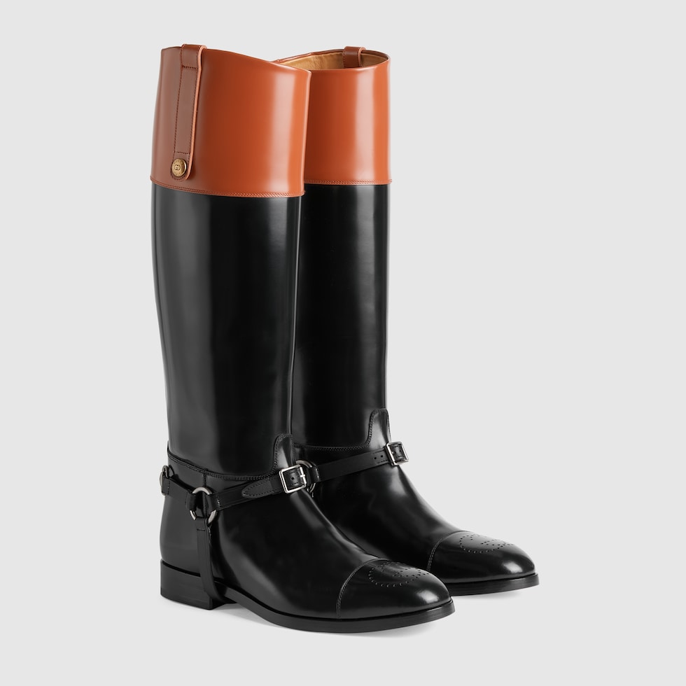 Knee-high boot with harness in black leather | GUCCI® 香港