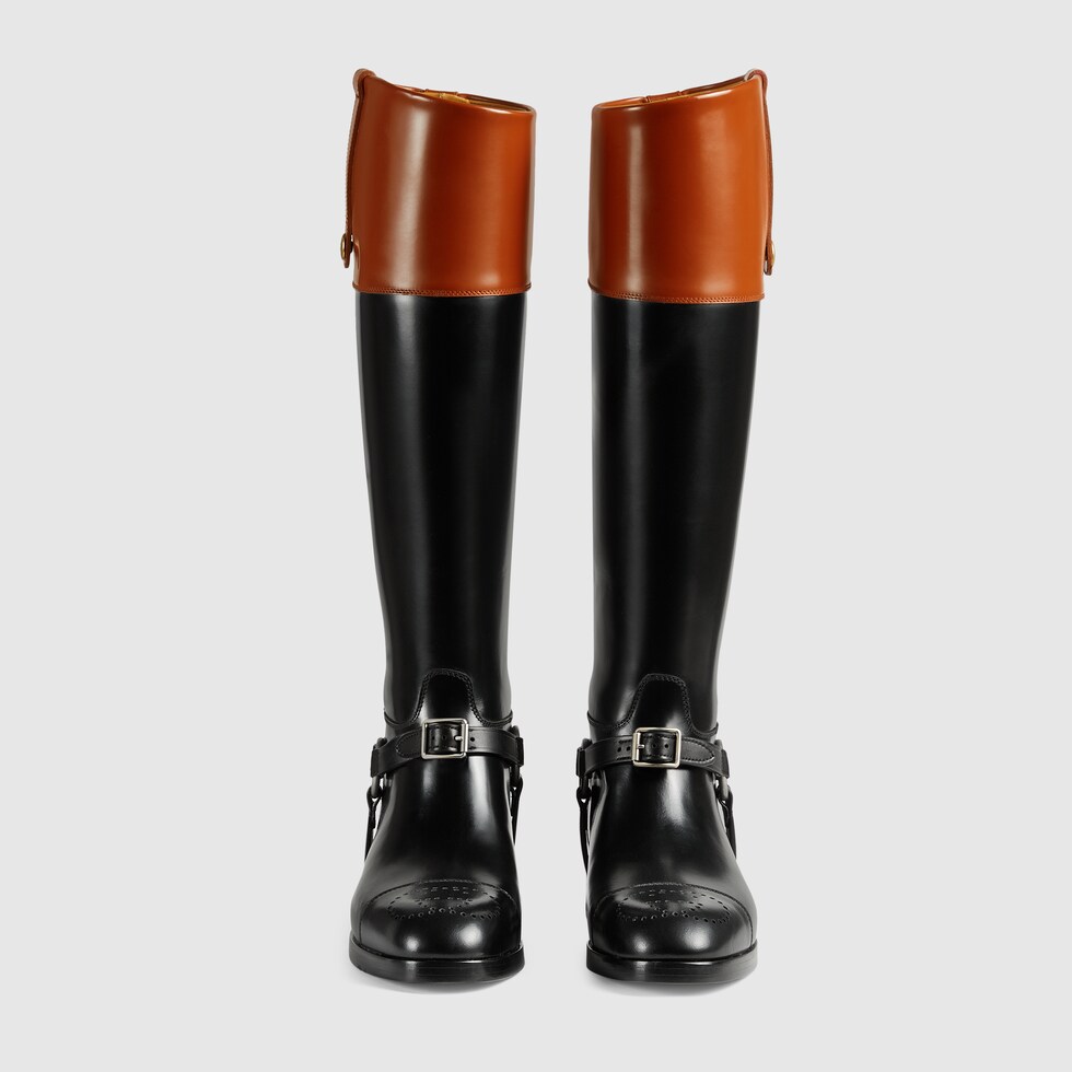 Knee-high boot with harness in black leather | GUCCI® AE
