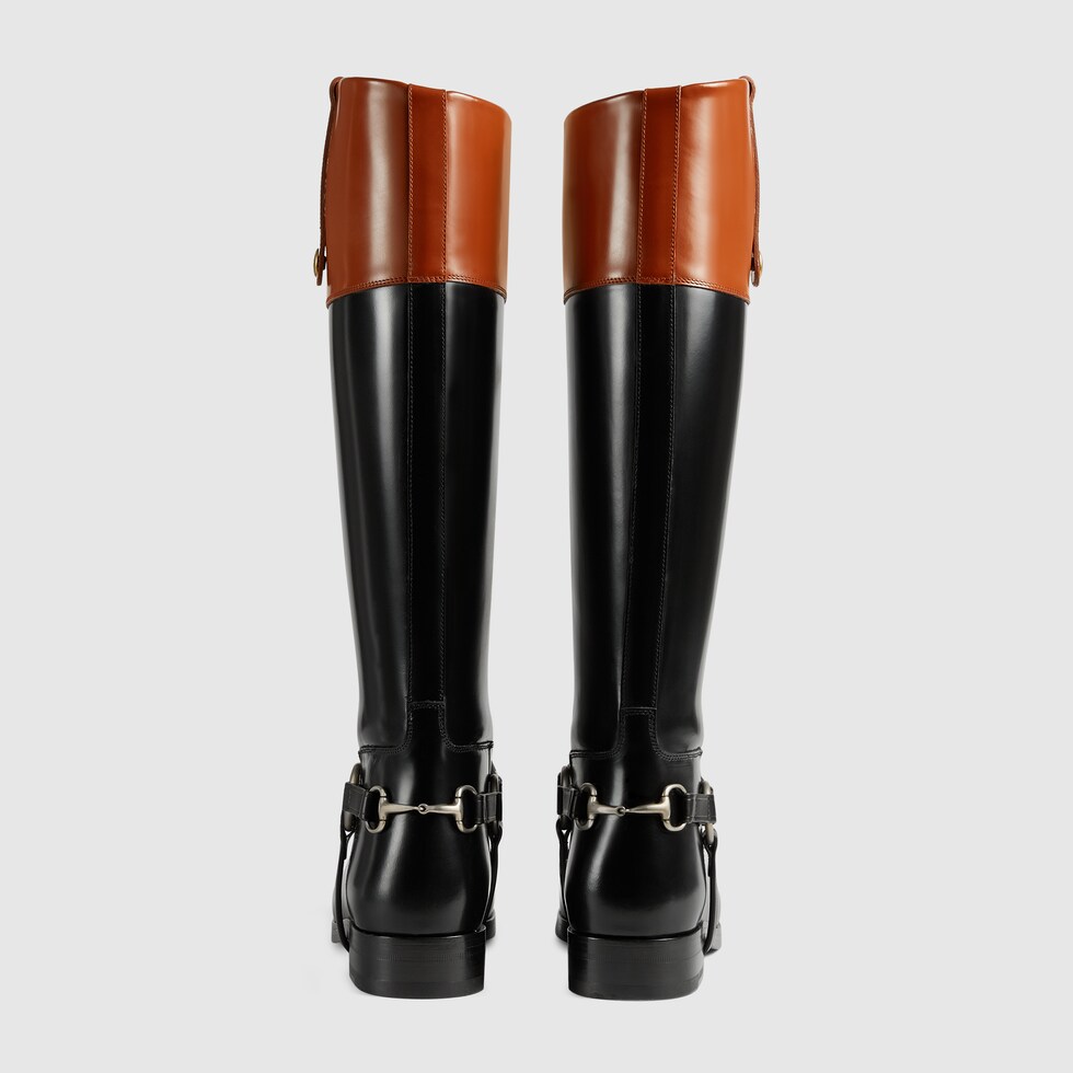 Knee-high boot with harness in black leather | GUCCI® AE