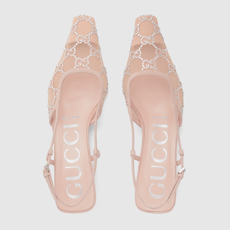 Women's GG crystal slingback pump in rose beige mesh | GUCCI® AE