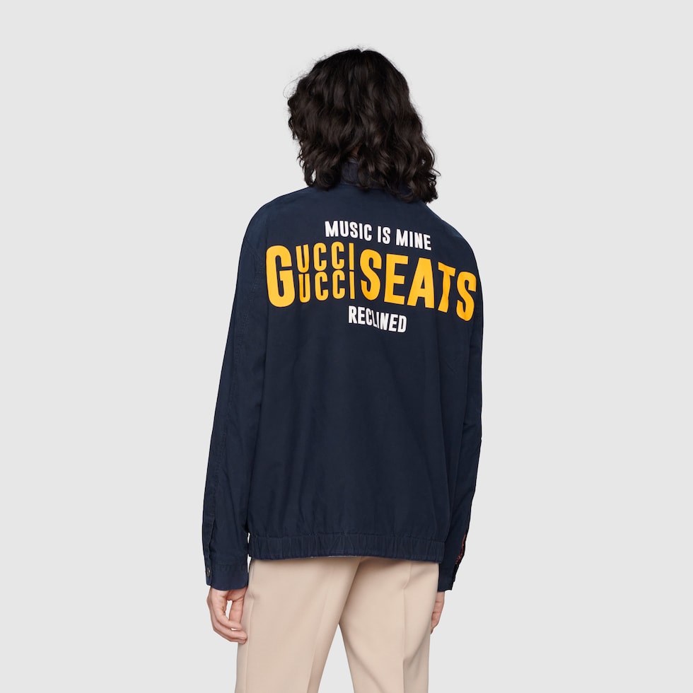 Cotton jacket with 'Music is Mine' print in blue | GUCCI® UK