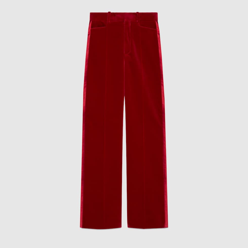 Stretch velvet flared trousers in deep red | GUCCI® BG