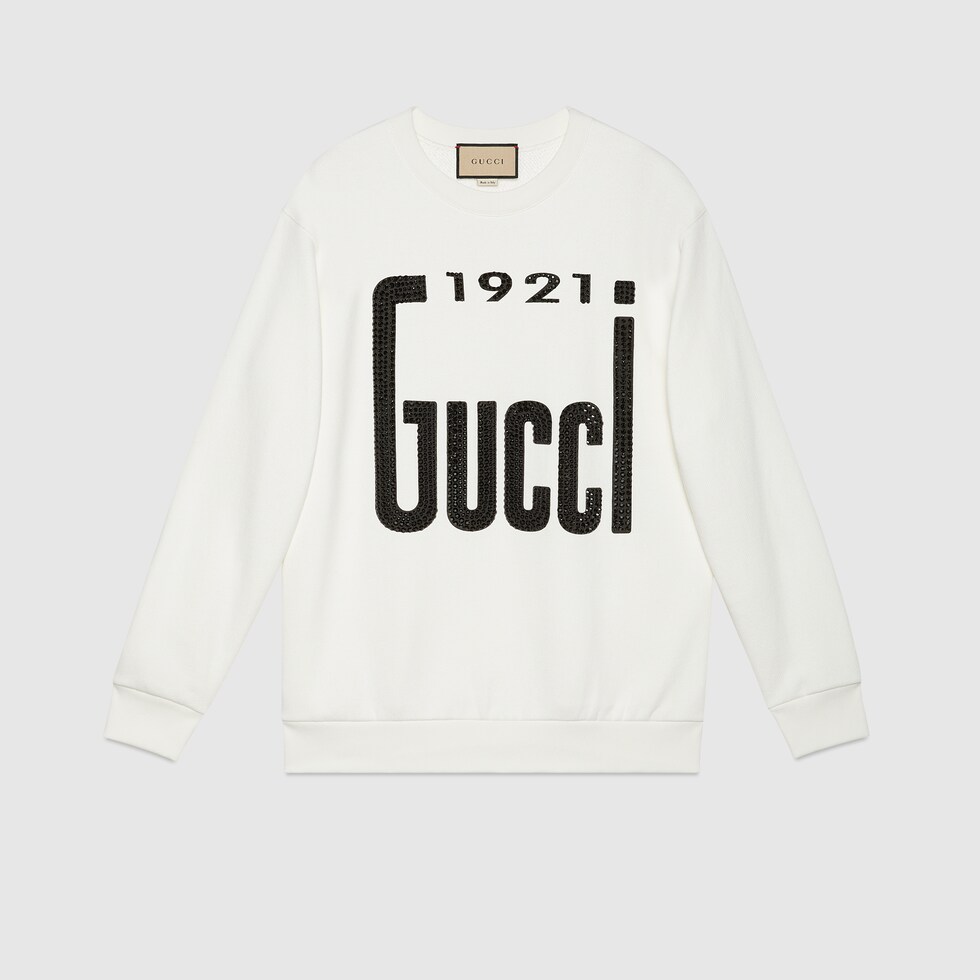 Crystal '1921 Gucci' sweatshirt in off-white | GUCCI® TR