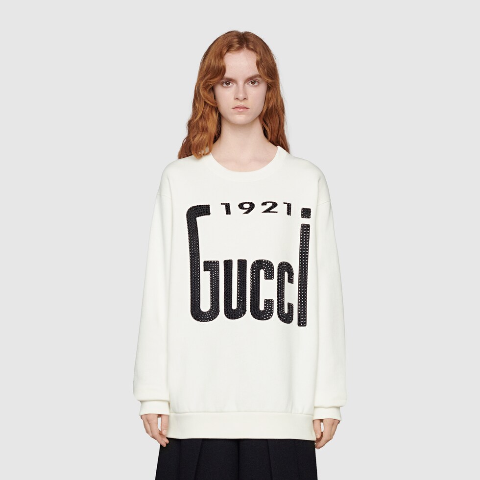 Crystal '1921 Gucci' sweatshirt in off-white | GUCCI® TR