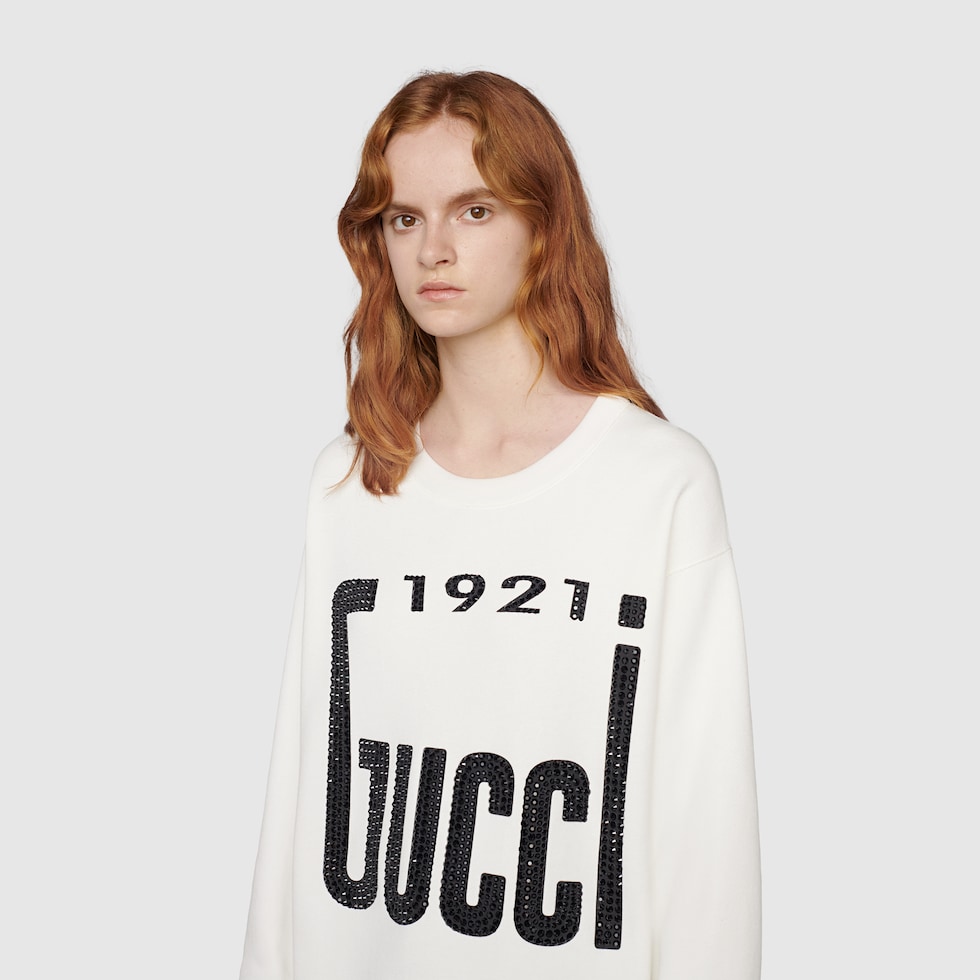 Crystal '1921 Gucci' sweatshirt in off-white | GUCCI® TR