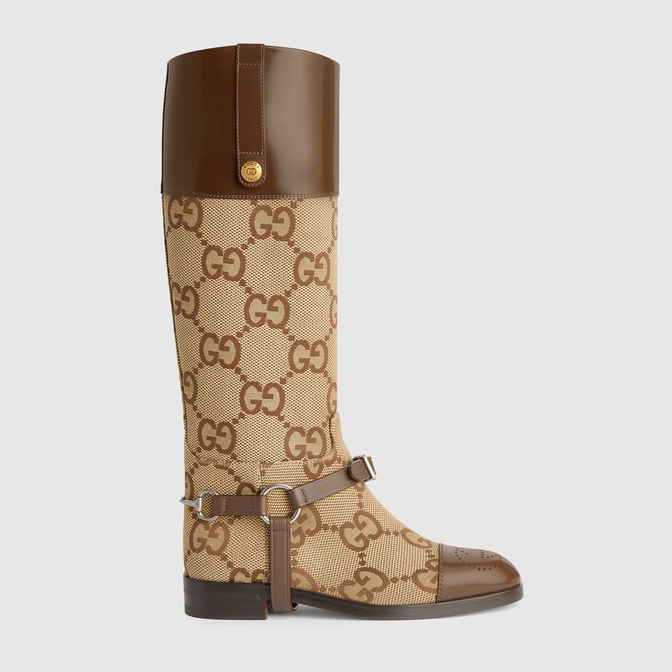 Bota alta con aplique en lona GG en beige y ébano | GUCCI® ES