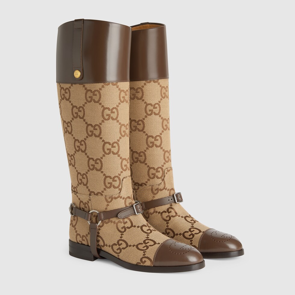 Knee-high boot with harness in beige and ebony GG canvas | GUCCI® HU