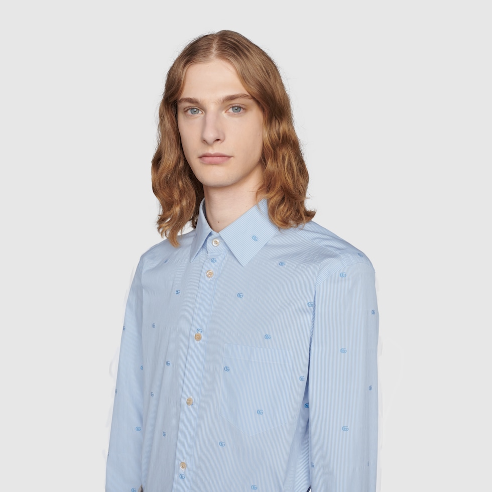 Striped Double G cotton shirt in blue and white | GUCCI® NL