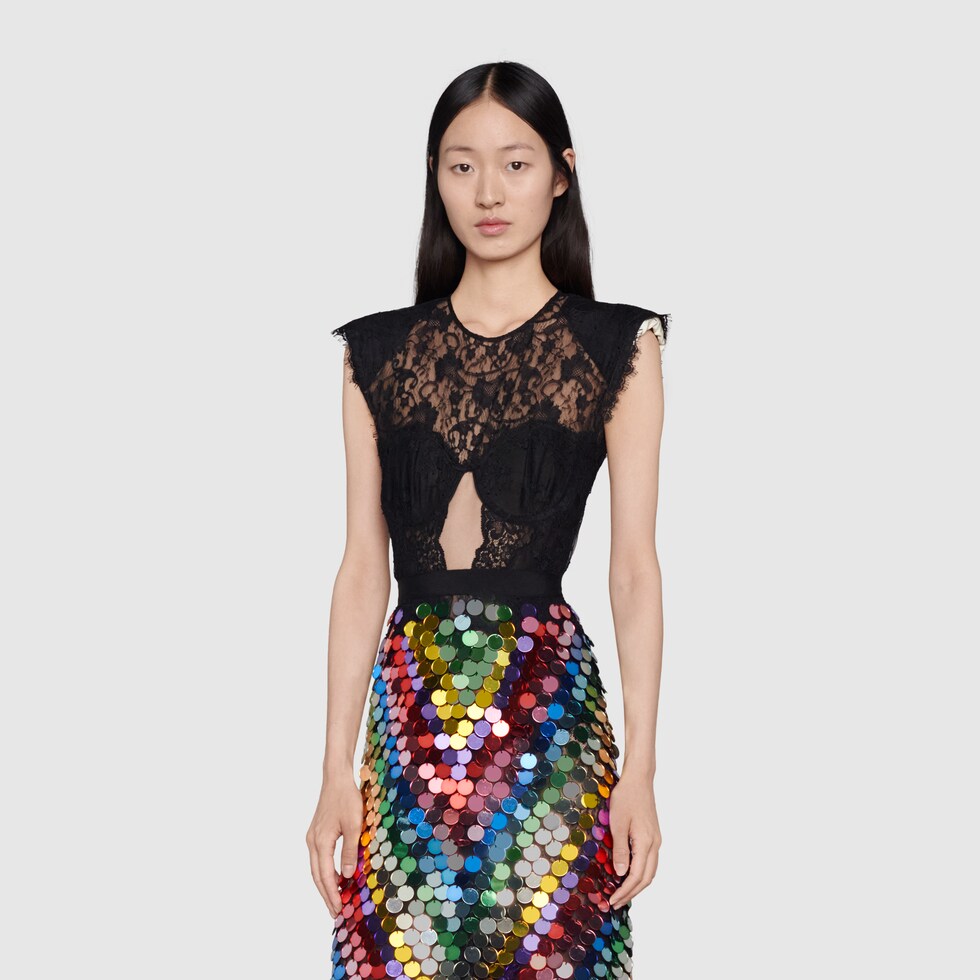 Floral lace bodysuit in black | GUCCI® UK
