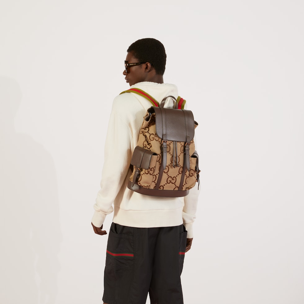 Jumbo GG backpack in camel and ebony GG canvas | GUCCI® TH