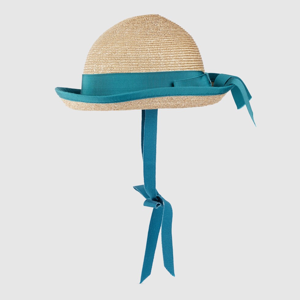 Baby straw hat with ribbon in ivory straw effect fabric | GUCCI® AE