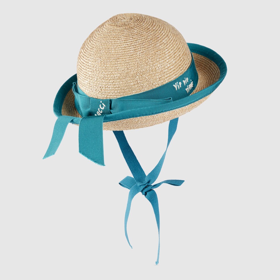 Baby straw hat with ribbon in ivory straw effect fabric | GUCCI® AE