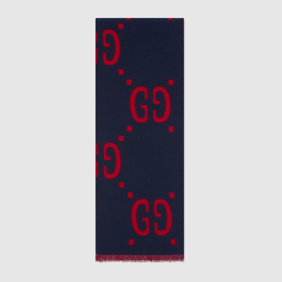 Bufanda de seda de lana de jacquard con GG en azul/rojo | GUCCI® MX