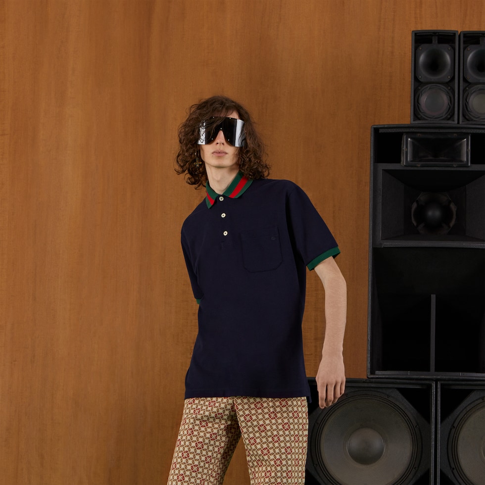 Cotton piquet polo with Web collar in navy | GUCCI® AE