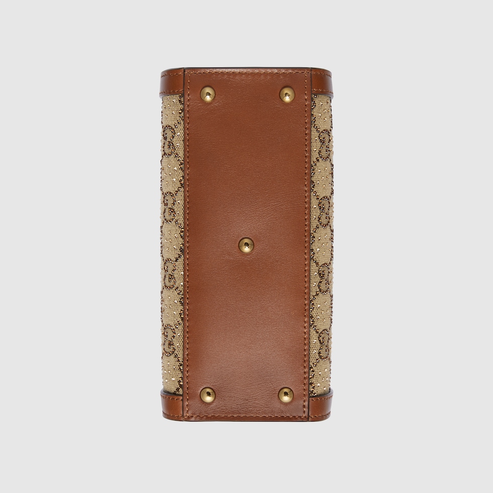 Gucci Diana crystals small tote bag in camel and dark brown GG canvas ...