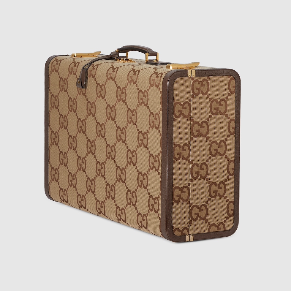 Maxi jumbo GG rigid suitcase in camel and ebony canvas | GUCCI® 香港