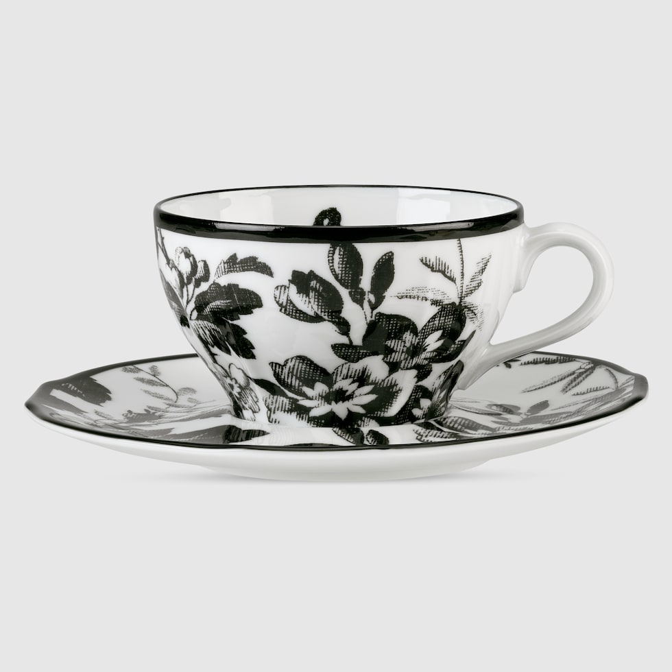 Herbarium teacup and saucer, set of two in black and white porcelain ...