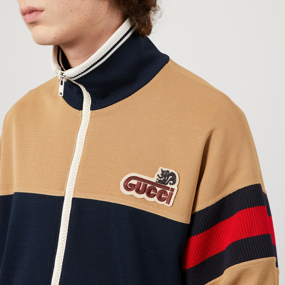Colourblock cotton jersey zip jacket in blue, red and camel | GUCCI® UK