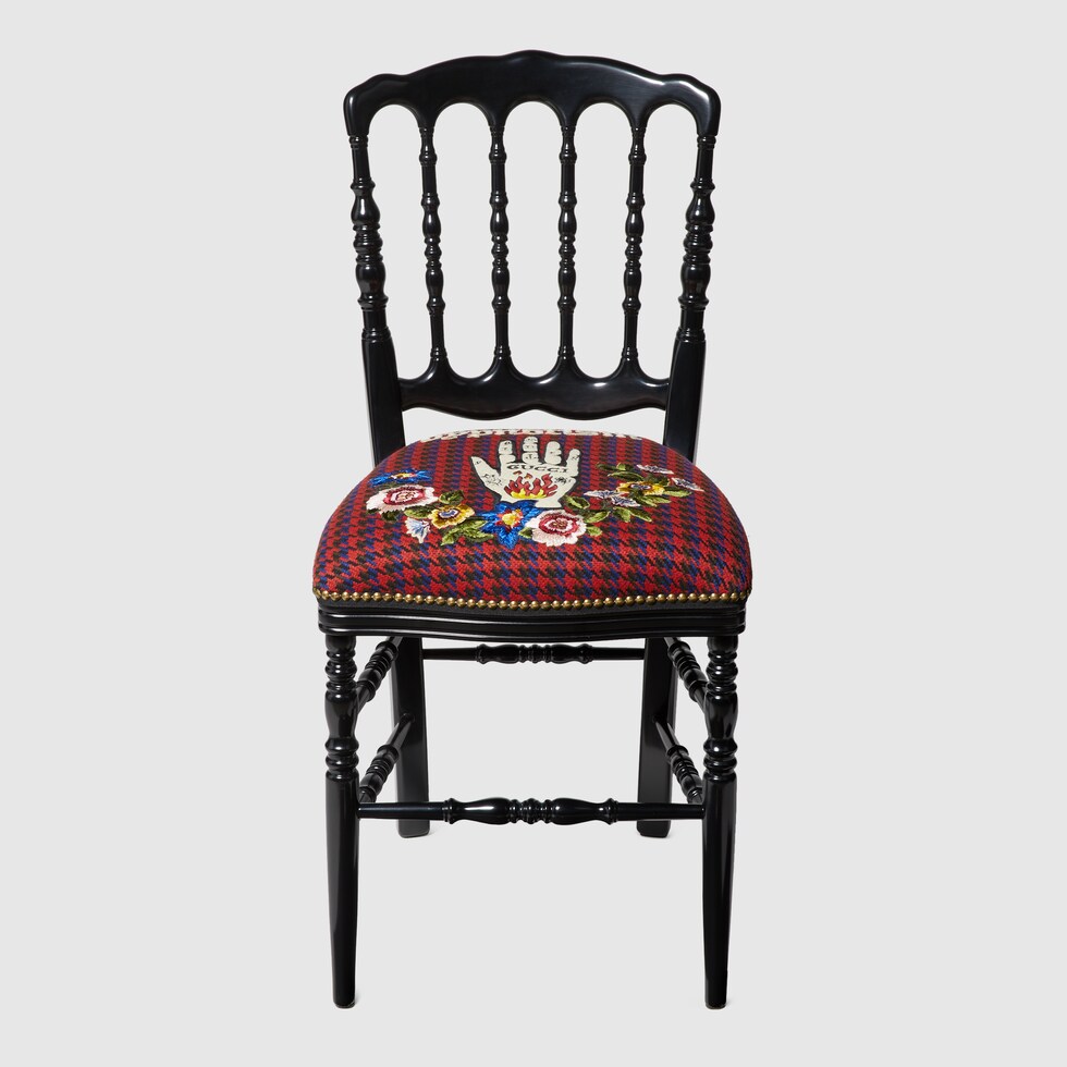 Wood chair with Gucci Hypnotism in black and red check wool | GUCCI® UK