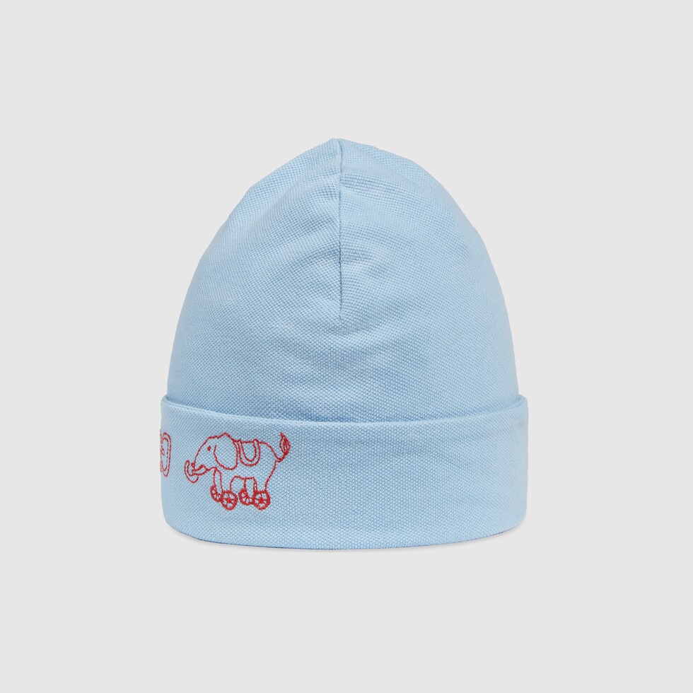 Baby hat with elephant embroidery in blue and red | GUCCI® US