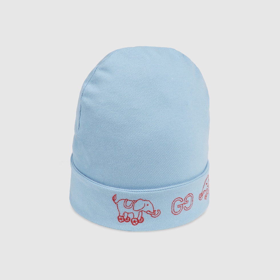 Baby hat with elephant embroidery in blue and red | GUCCI® US