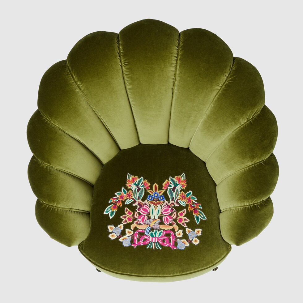 Velvet armchair with embroidered flowers in green velvet | GUCCI® US