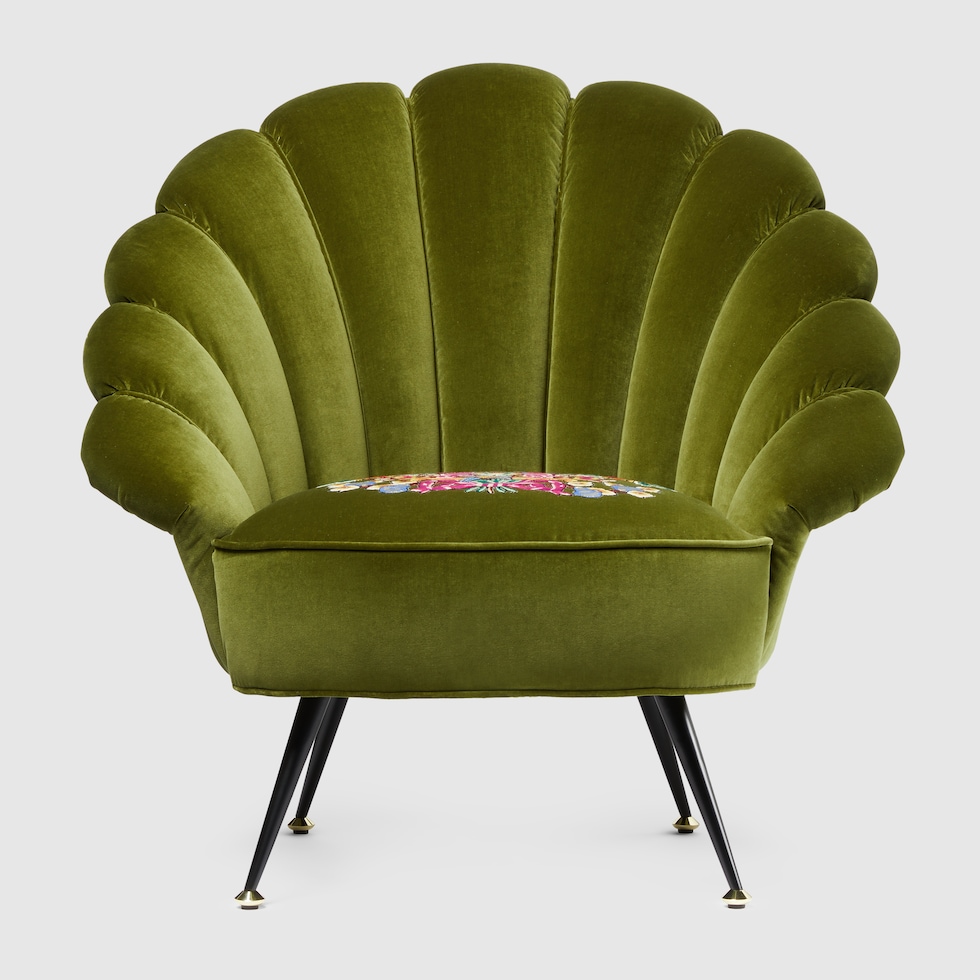 Velvet armchair with embroidered flowers in green velvet | GUCCI® US