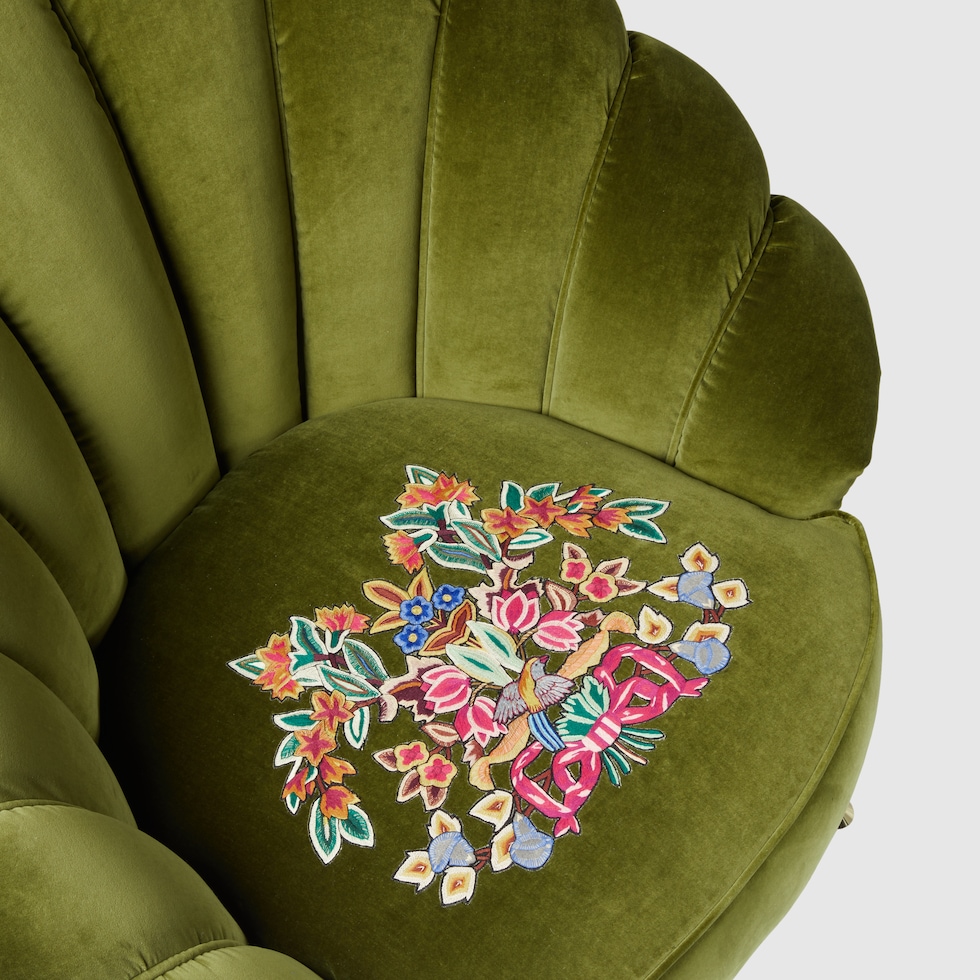 Velvet armchair with embroidered flowers in green velvet | GUCCI® US