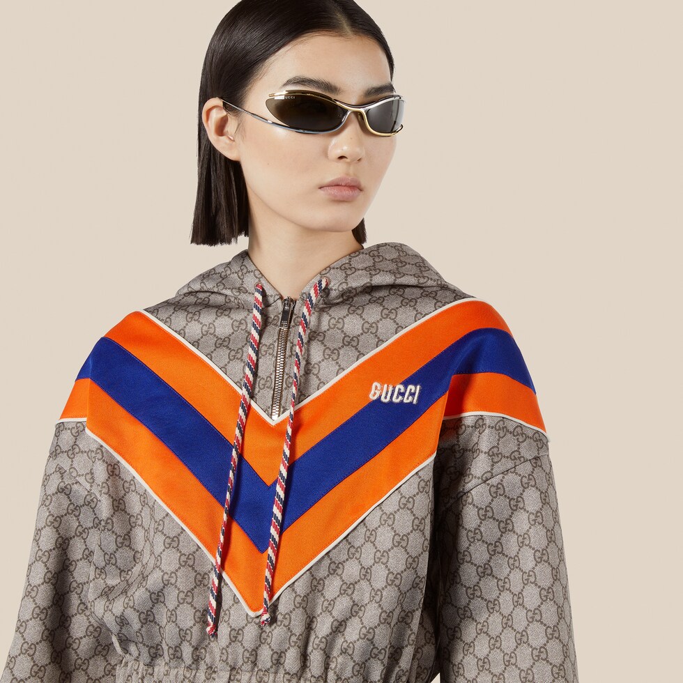 GG print jersey cropped jacket in beige and ebony | GUCCI® 香港