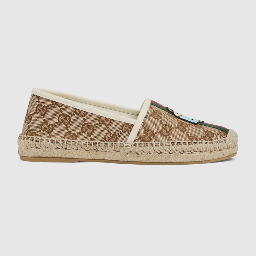 Women's GG flat espadrille with patch in beige and ebony GG canvas ...