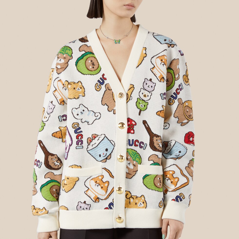 Gucci animal cotton wool jacquard cardigan in ivory and multicolor ...