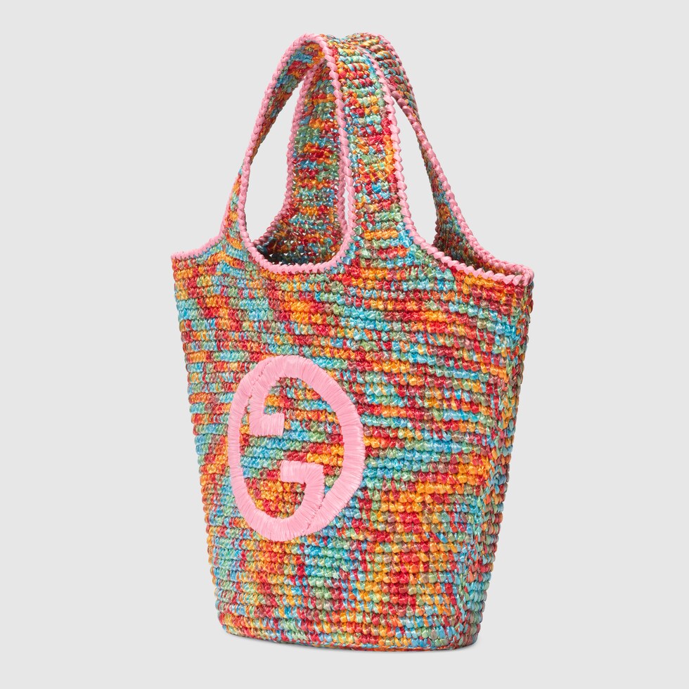 Mini Gucci Blondie tote bag in multicoloured raffia effect | GUCCI® AE
