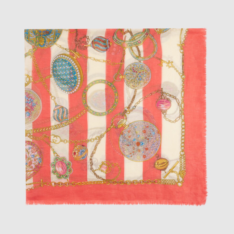 Jewels print silk linen shawl in ivory and pink | GUCCI® PT