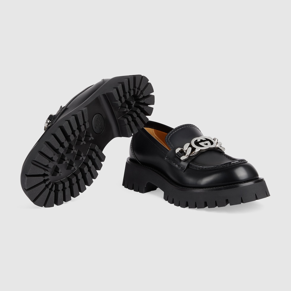 Mocassino donna con suola dentellata in pelle nera | GUCCI® Italia